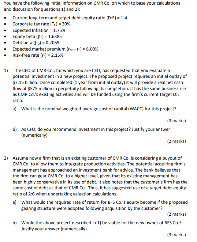 Solved You have the following initial information on CMR Co. | Chegg.com