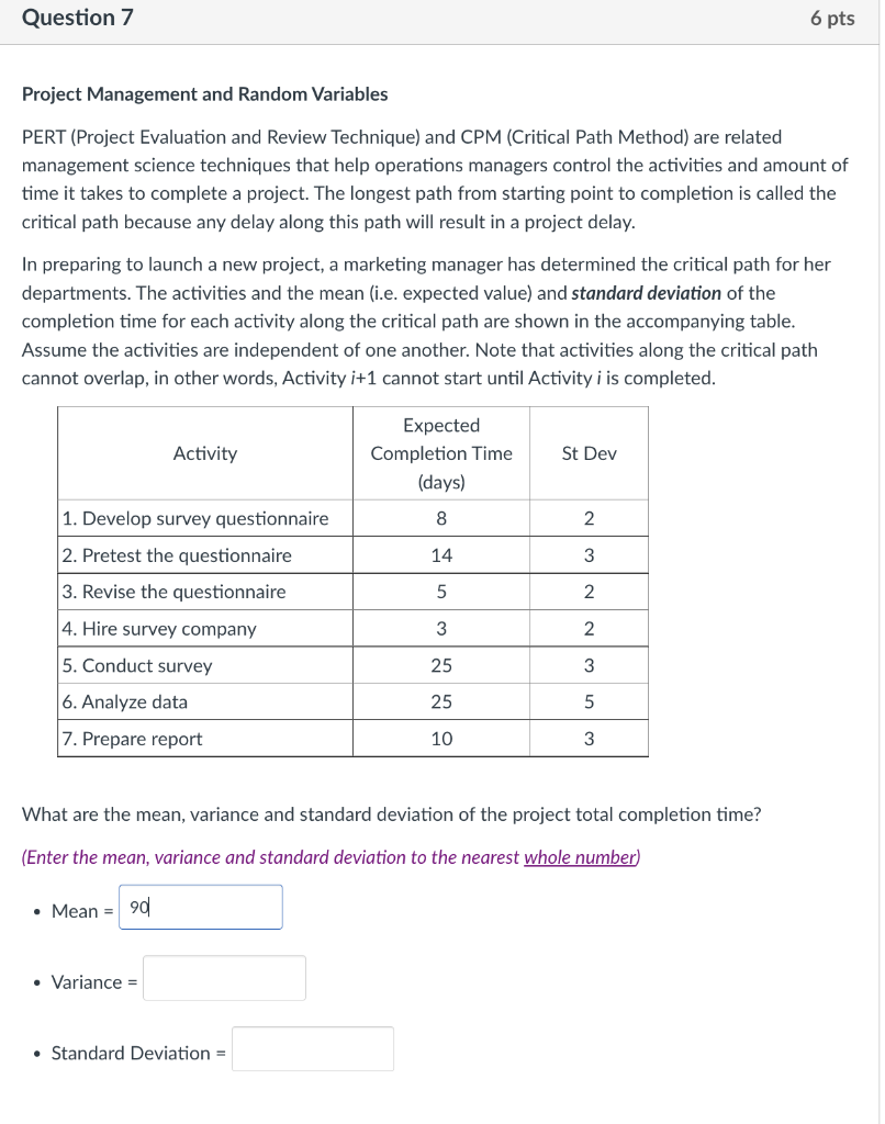 Solved Project Management and Random Variables PERT (Project | Chegg.com