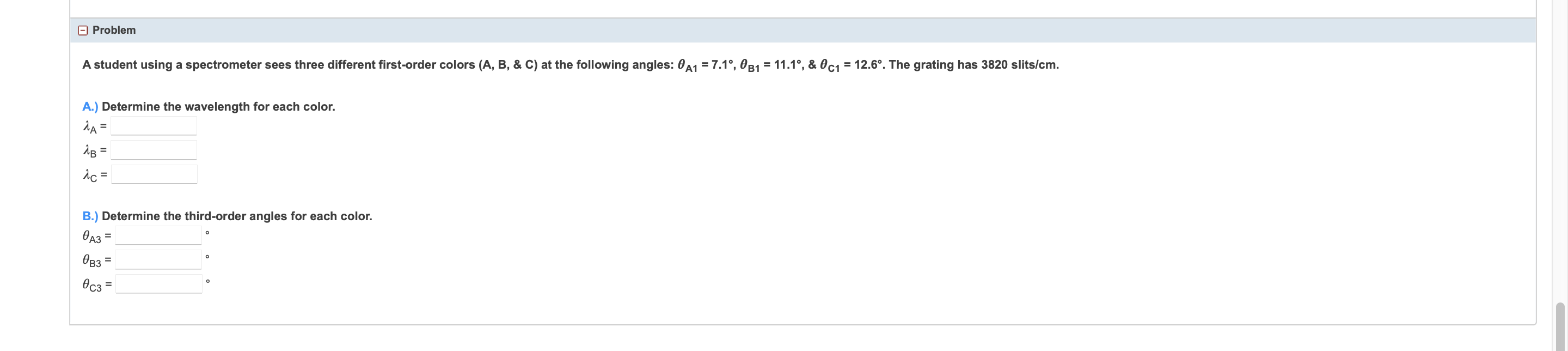 Solved A student using a spectrometer sees three different | Chegg.com