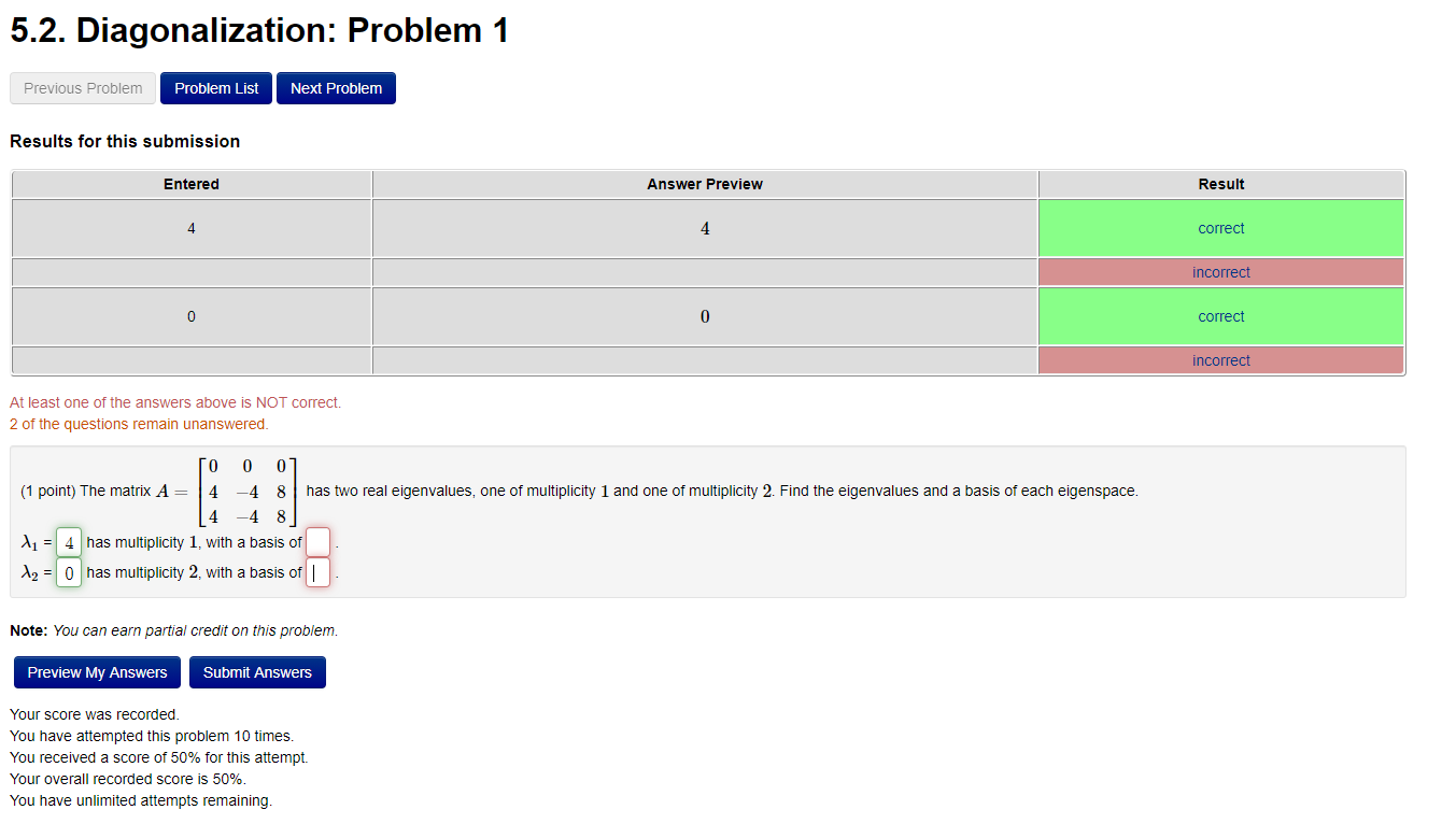 Solved 5.2. Diagonalization: Problem 1 Previous Problem | Chegg.com