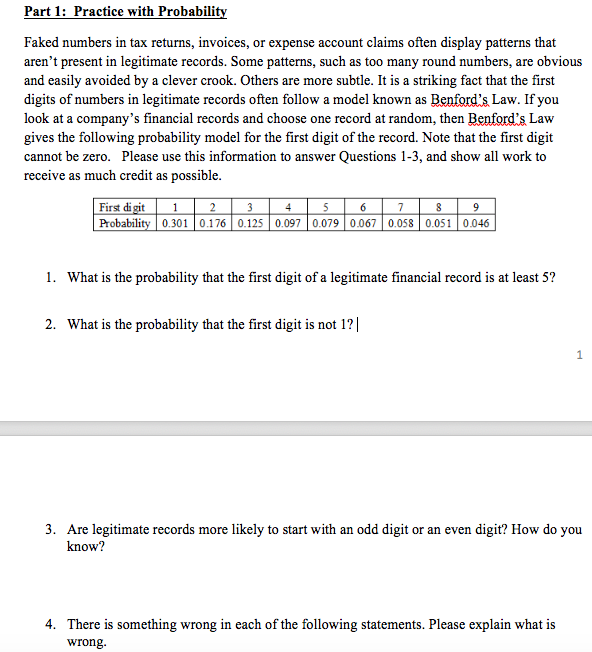 Solved Part 1:Practice with Probability Faked numbers in tax | Chegg.com