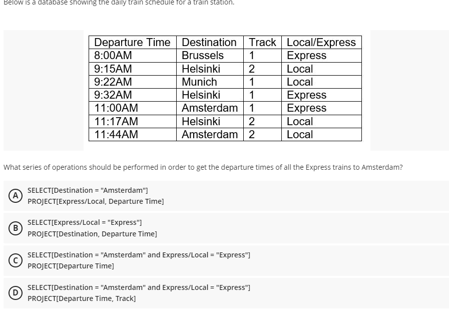 Solved Below is a database showing the daily train schedule | Chegg.com