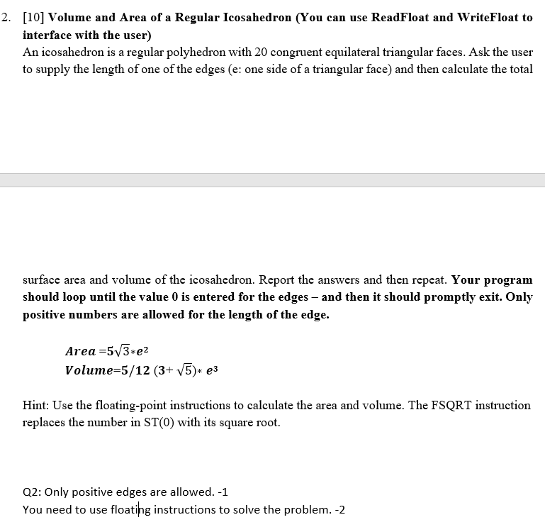 Solved [10] Volume and Area of a Regular Icosahedron (You | Chegg.com