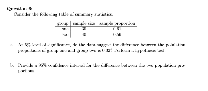 Solved Question 6: Consider the following table of summary | Chegg.com