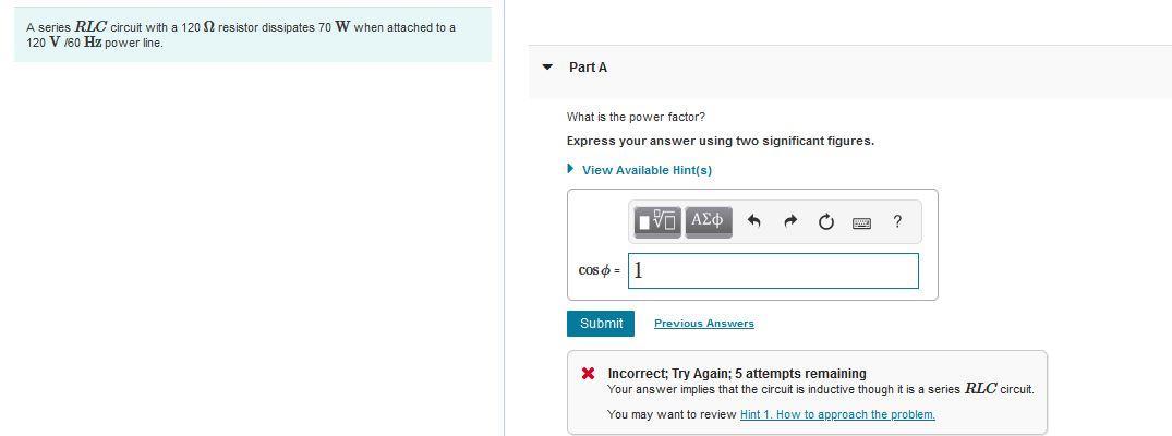 Solved A series RLC circuit with a 120 12 resistor | Chegg.com