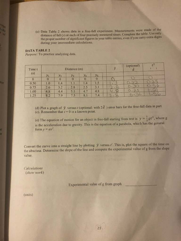 Solved (c) Data Table 2 shows data in a free-fall | Chegg.com