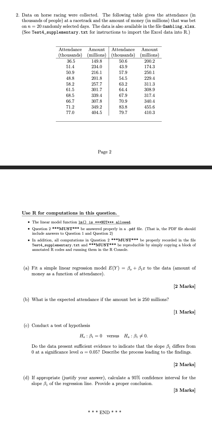 Solved 2. Data on horse racing were collected. The following | Chegg.com
