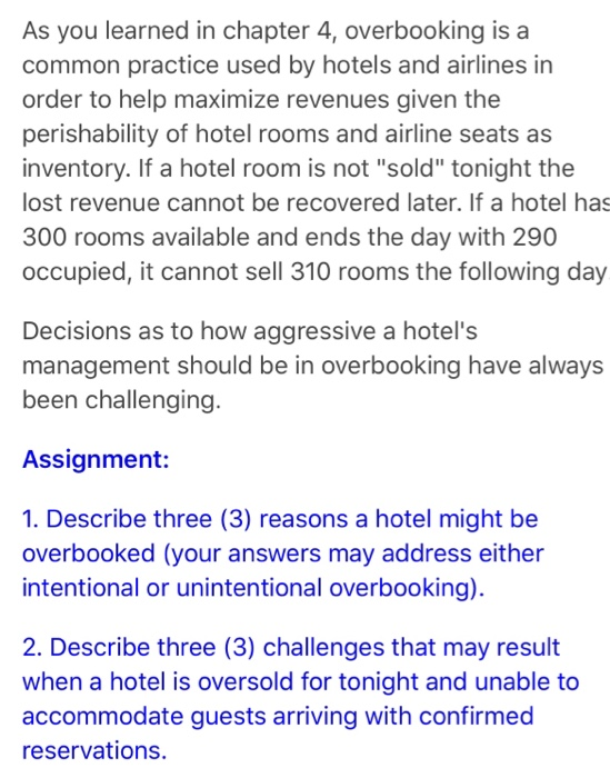 Solved As you learned in chapter 4, overbooking is a common | Chegg.com