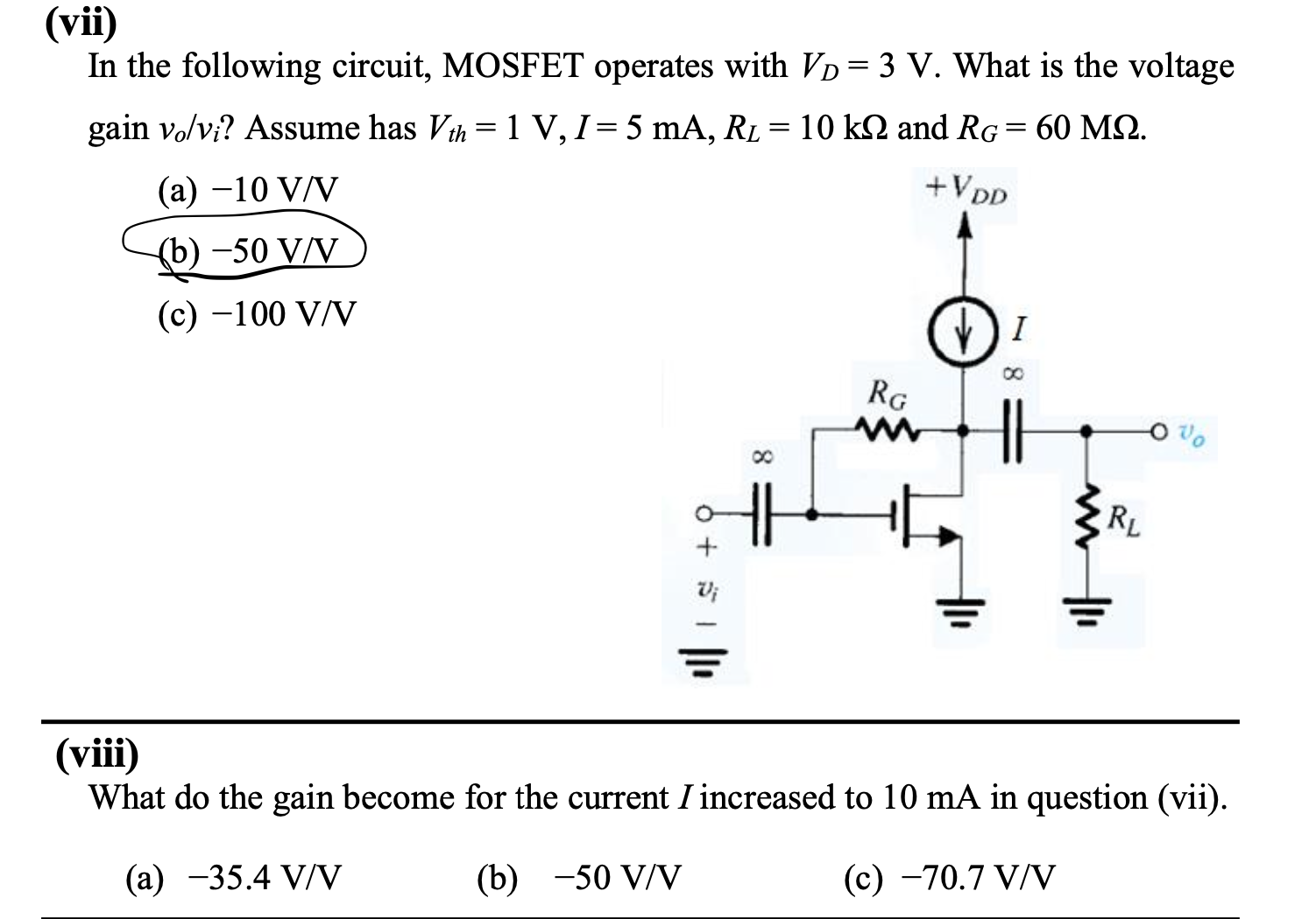 Solved (vii) In the following circuit, MOSFET operates with | Chegg.com