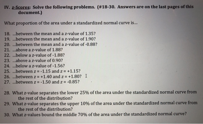 Solved iv. z-Scores: Solve the following problems. (#18-30. | Chegg.com