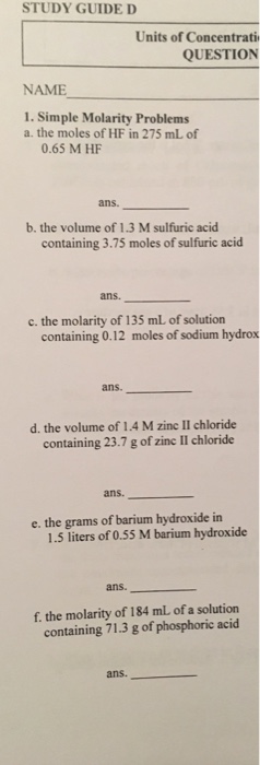 Solved Simple Molarity Problems a. the moles of HF in 275 | Chegg.com
