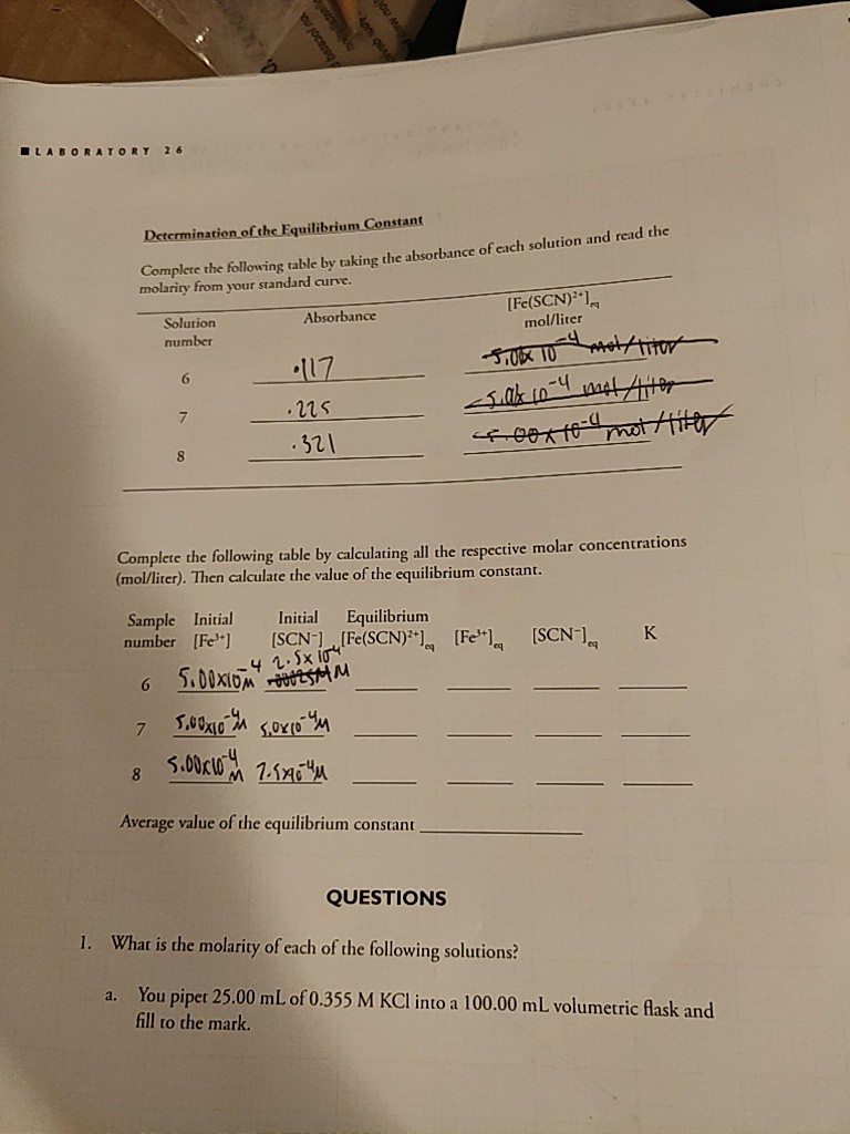 LABORATORY 26 Determination of the Equilibrium | Chegg.com