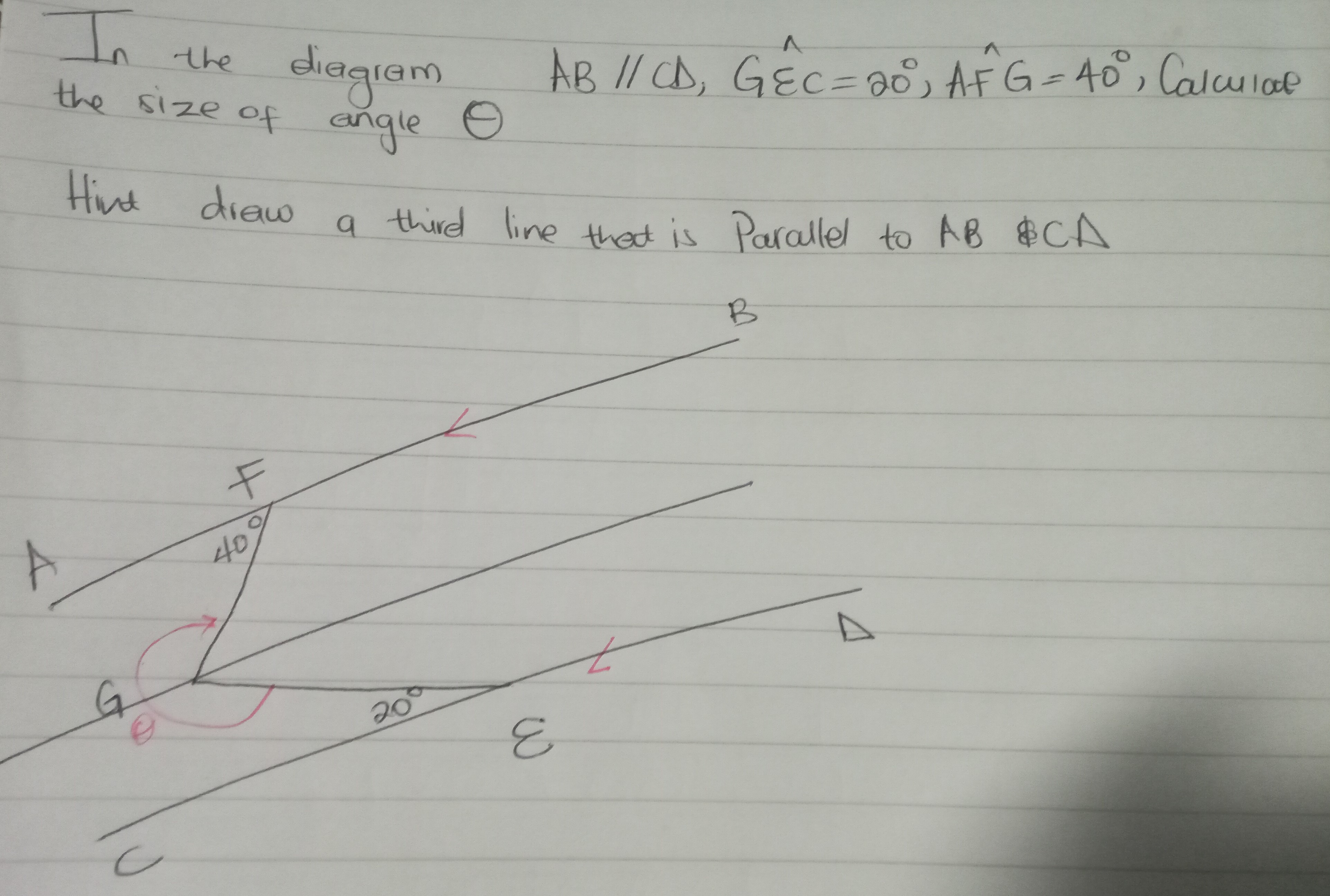 Solved In the diagram AB//CD,GEEC^=20∘,AFG^=40∘, Calculate | Chegg.com