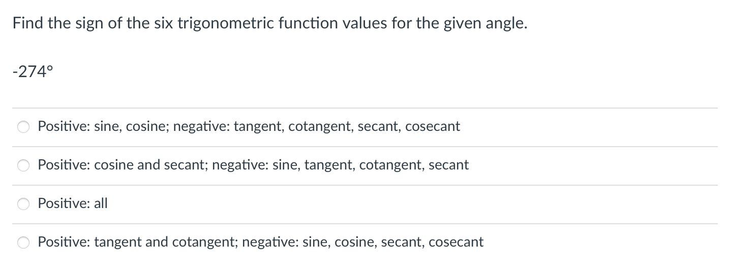 Solved Find the sign of the six trigonometric function | Chegg.com