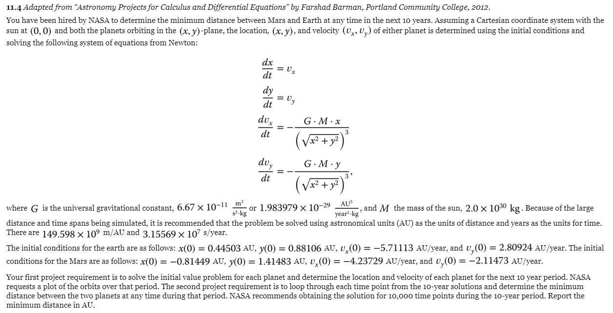 11.4 Adapted from "Astronomy Projects for Calculus | Chegg.com