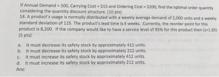 Solved If Annual Demand 500, Carrying Cost $15 and Ordering | Chegg.com