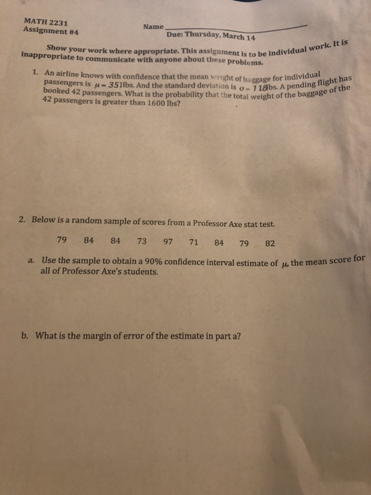 Solved MATH 2231 Assignment #4 Name Due: Thursday, March 14 | Chegg.com
