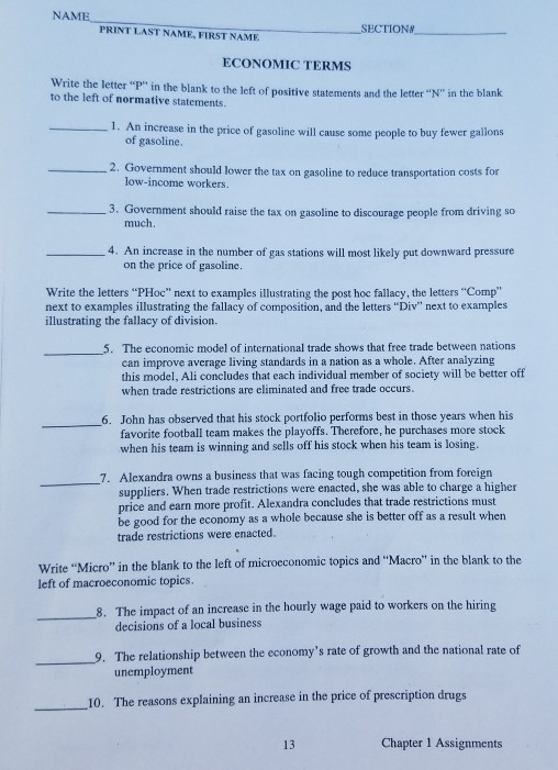 Solved NAME SECTION PRINT LAST NAME, FIRST NAME ECONOMIC | Chegg.com