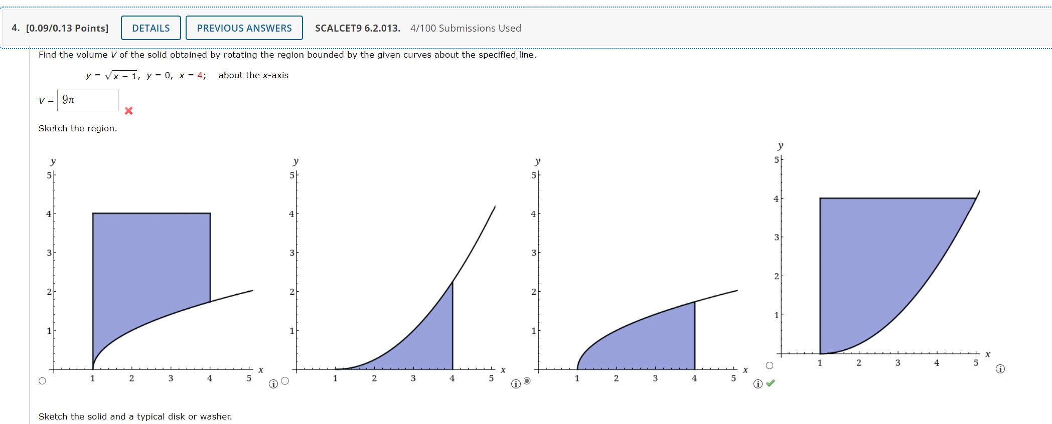 Solved y=x−1,y=0,x=4; abou V= Sketch the region. Sketch the | Chegg.com