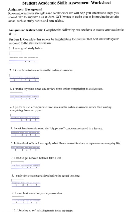 Solved Student Academic Skills Assessment Worksheet | Chegg.com