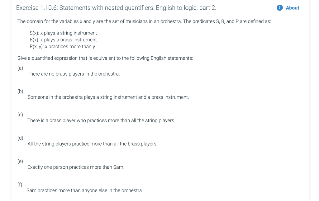 Solved Exercise 1.10.6: Statements with nested quantifiers: | Chegg.com