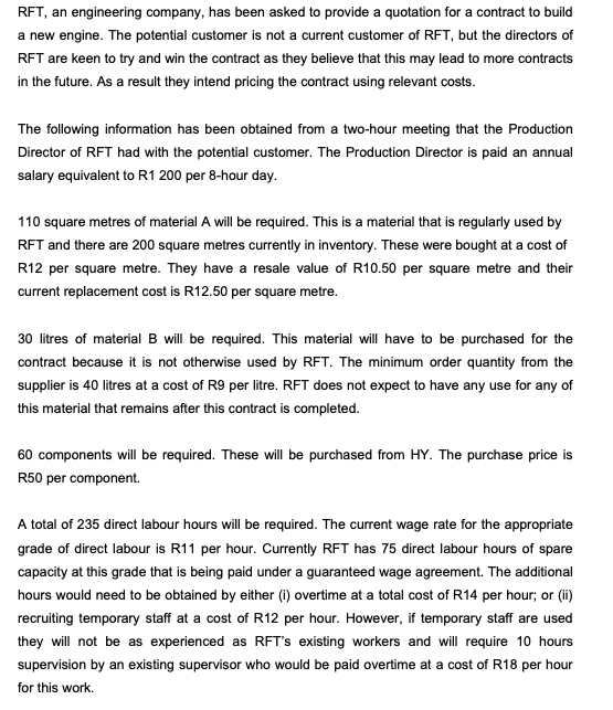 Solved RFT, an engineering company, has been asked to | Chegg.com