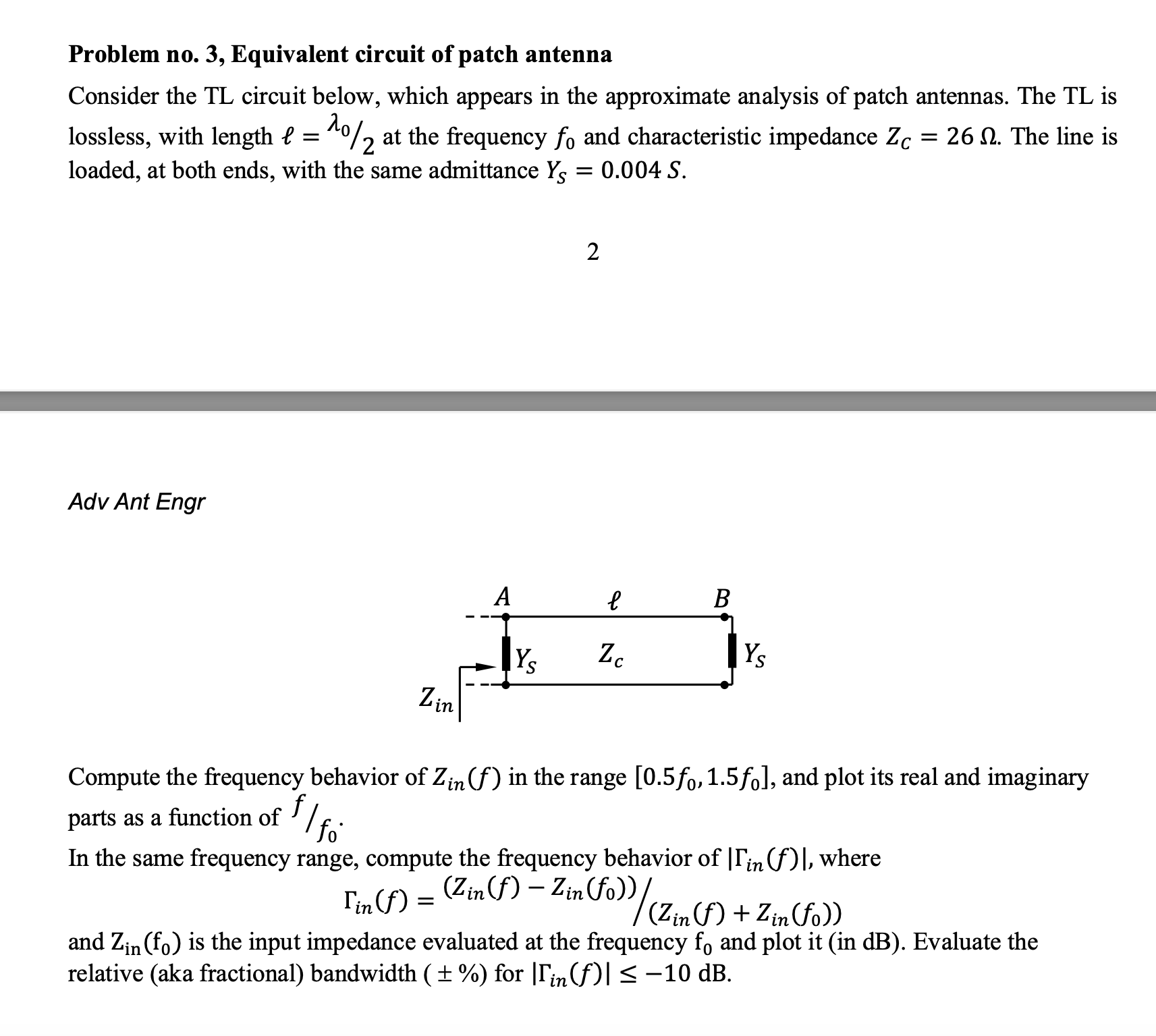 Solved Problem no. 3, ﻿Equivalent circuit of patch | Chegg.com