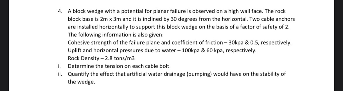 Solved 4. A block wedge with a potential for planar failure | Chegg.com