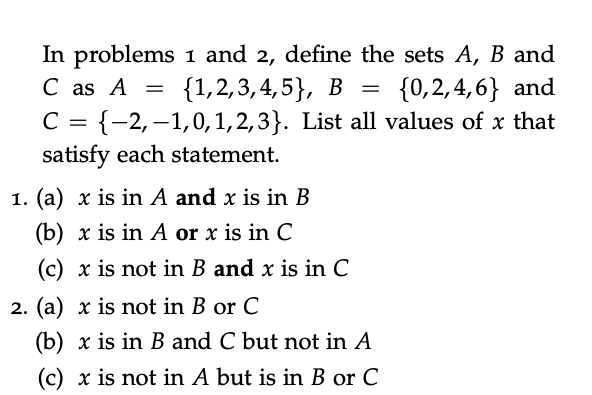 Solved In problems 1 and 2 , define the sets A,B and C as | Chegg.com