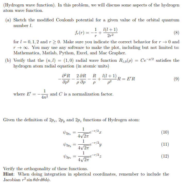 r (Hydrogen wave function). In this problem, we will | Chegg.com
