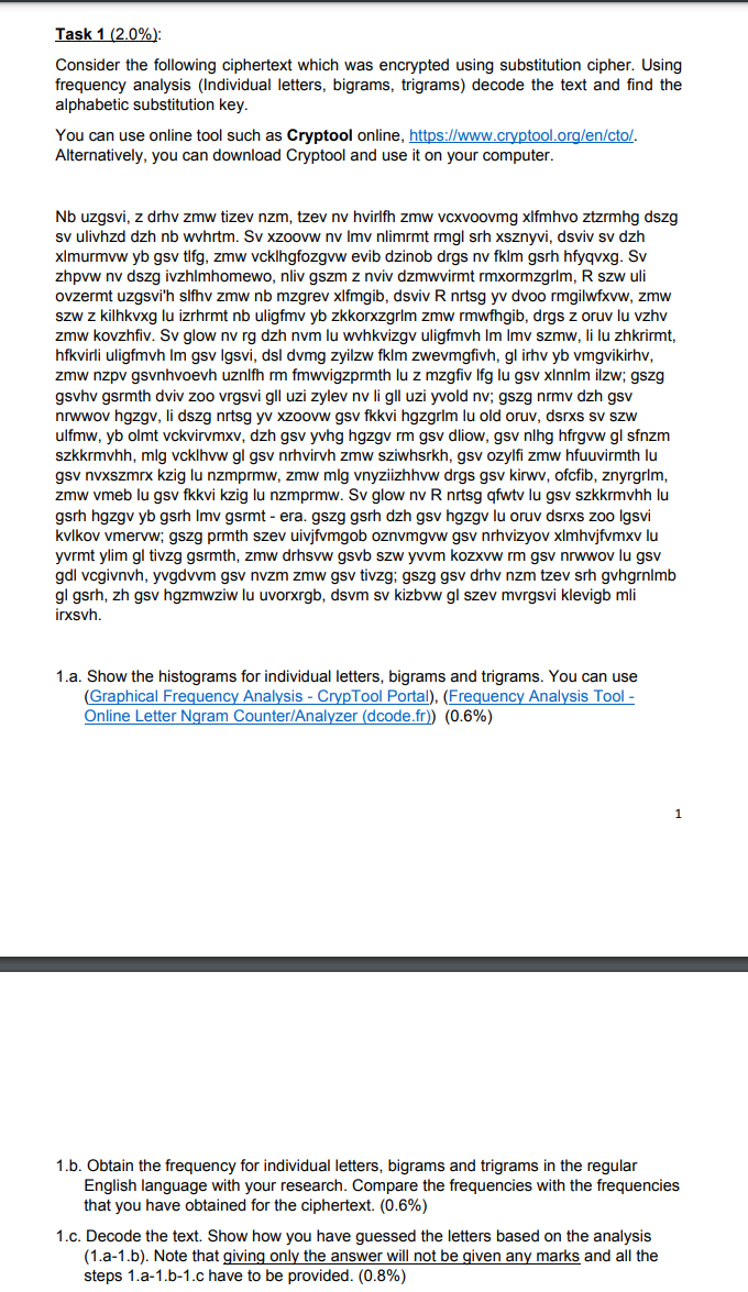 Task 1 (2.0%) Consider the following ciphertext which | Chegg.com