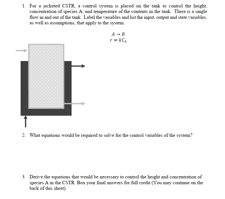 1. For a jacketed CSTR, a control system is placed on | Chegg.com