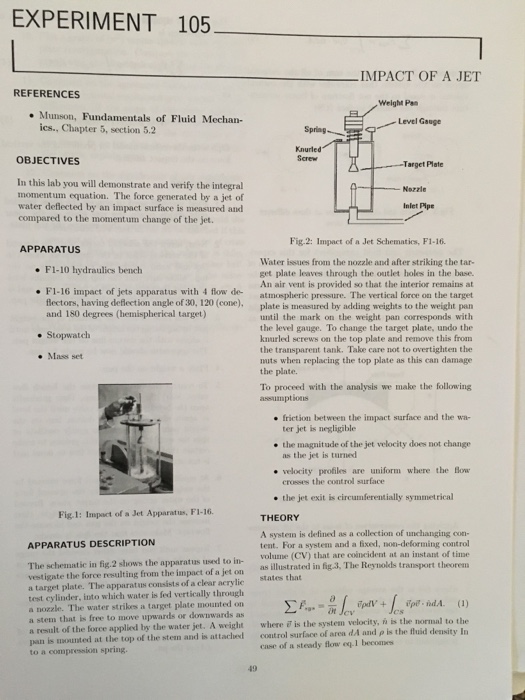 Solved EXPERIMENT 105 IMPACT OF A JET REFERENCES Weight Pan | Chegg.com