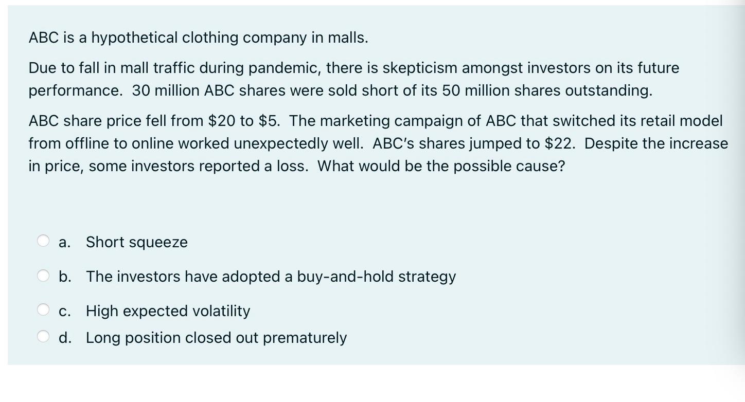 Solved ABC is a hypothetical clothing company in malls. Due | Chegg.com
