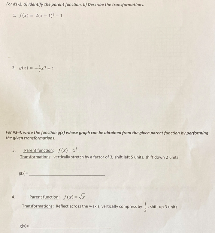 Solved For #1-2, a) Identify the parent function. b) | Chegg.com