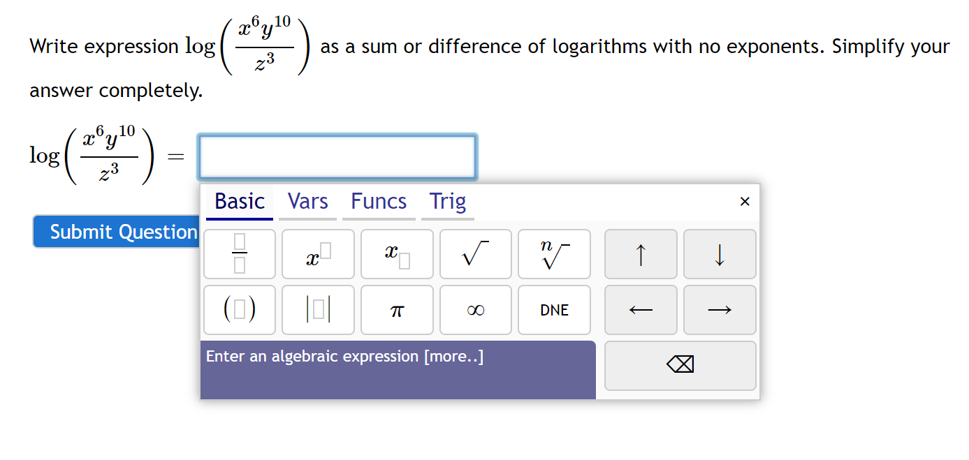 Solved Write expression log(z3x6y10) as a sum or difference | Chegg.com