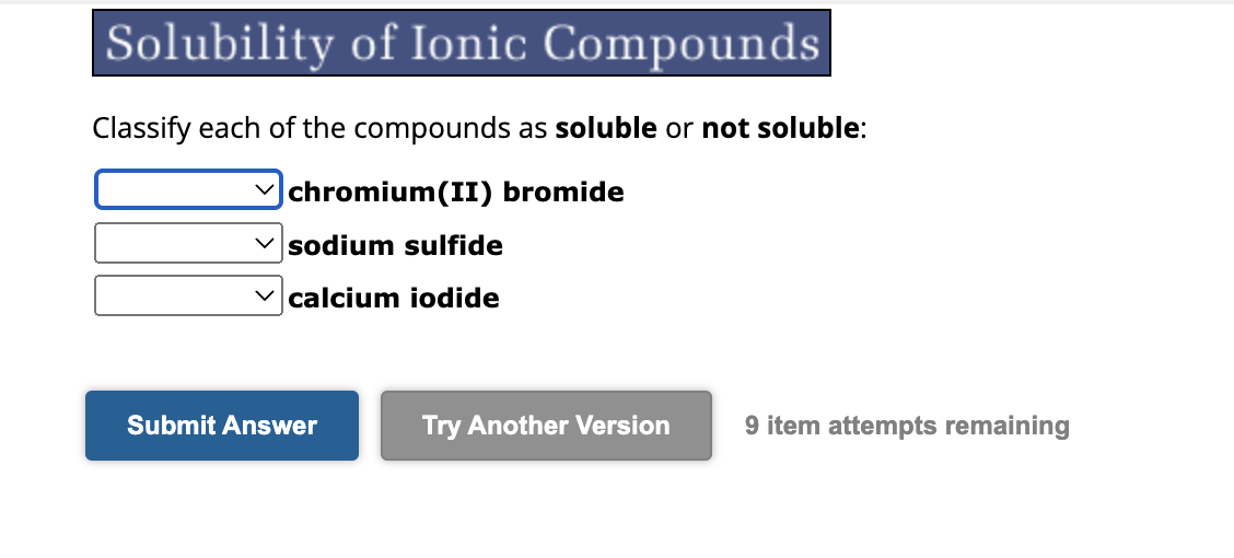 Solved Solubility of Ionic CompoundsClassify each of the | Chegg.com