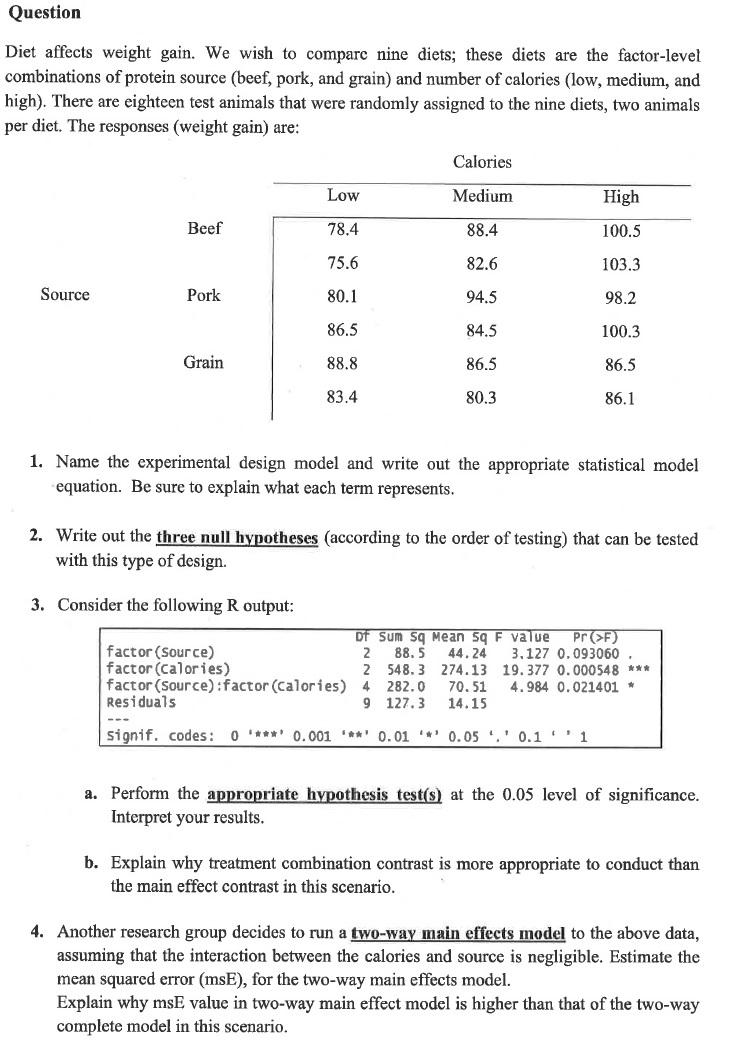 Question Diet affects weight gain. We wish to comparc | Chegg.com