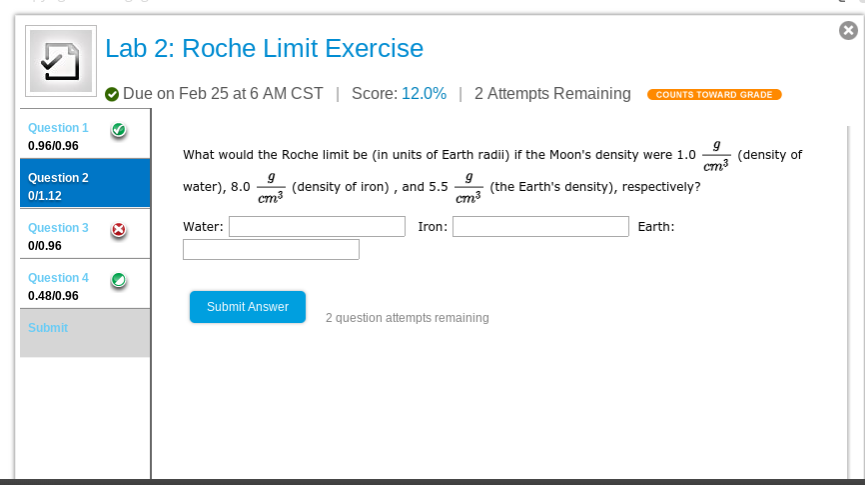 Solved Lab 2: Roche Limit Exercise O Due on Feb 25 at 6 AM | Chegg.com