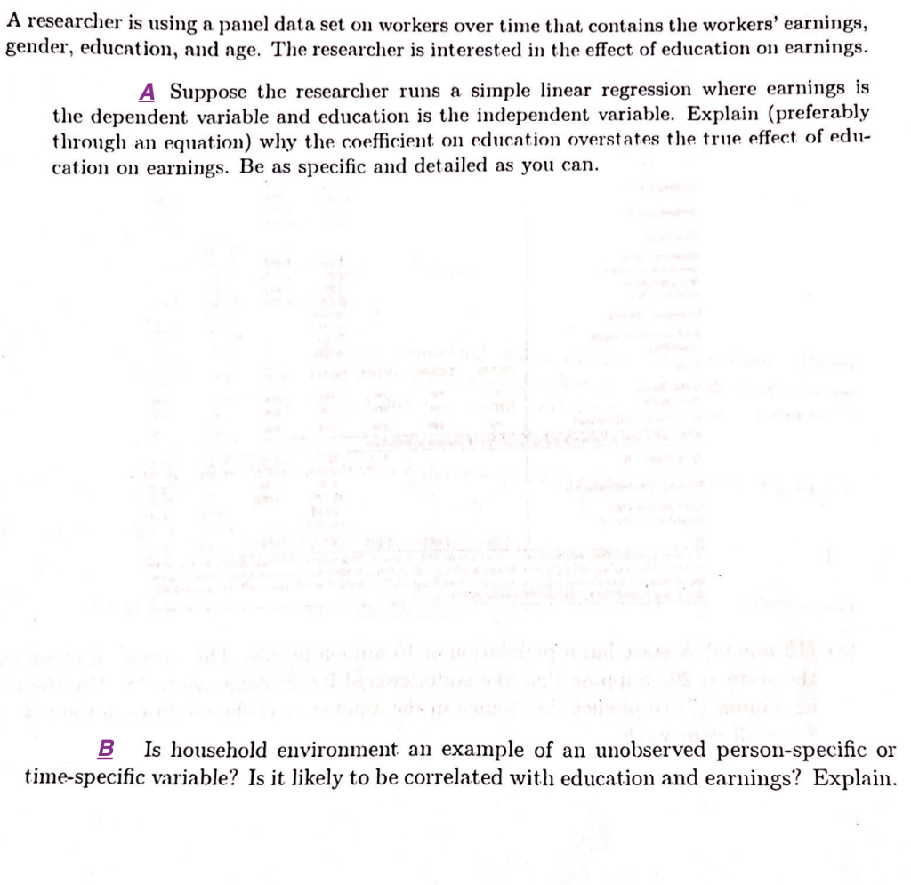 Solved A researcher is using a panel data set on workers | Chegg.com