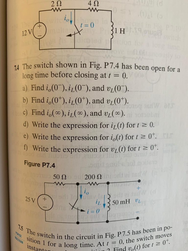 Solved 75 The switch in the circuit in Fig. P7.5 has been in | Chegg.com