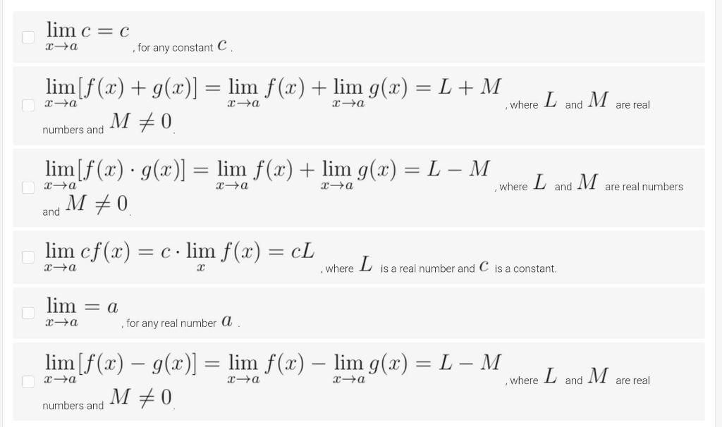 Solved lim c = c x-a . for any constant C lim[f(x) + g(x)] = | Chegg.com