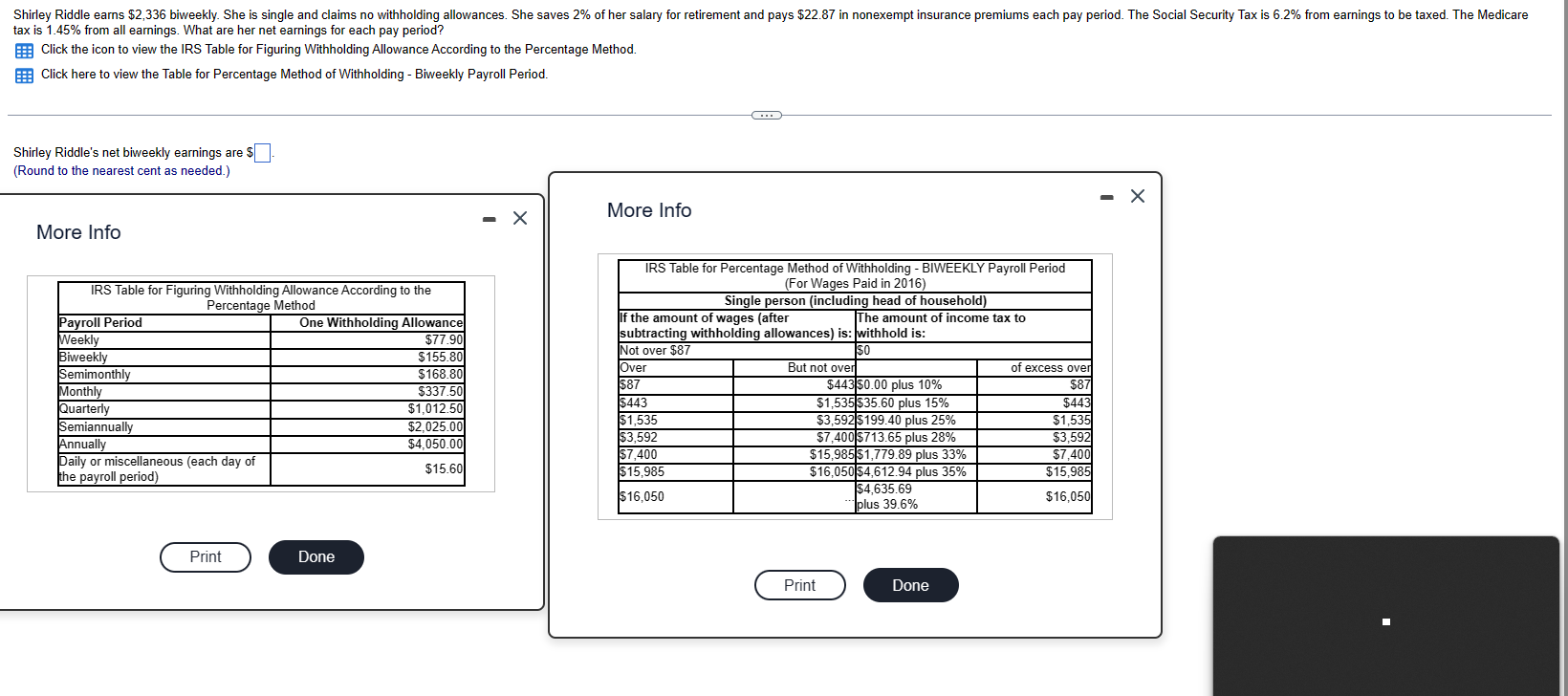 Solved tax is 1.45% ﻿from all earnings. What are her net | Chegg.com