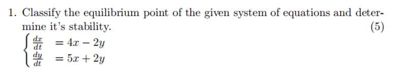 Solved 1. Classify the equilibrium point of the given system | Chegg.com