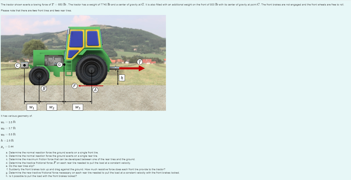Solved The tractor shown exerts a towing force of T=650lb. | Chegg.com