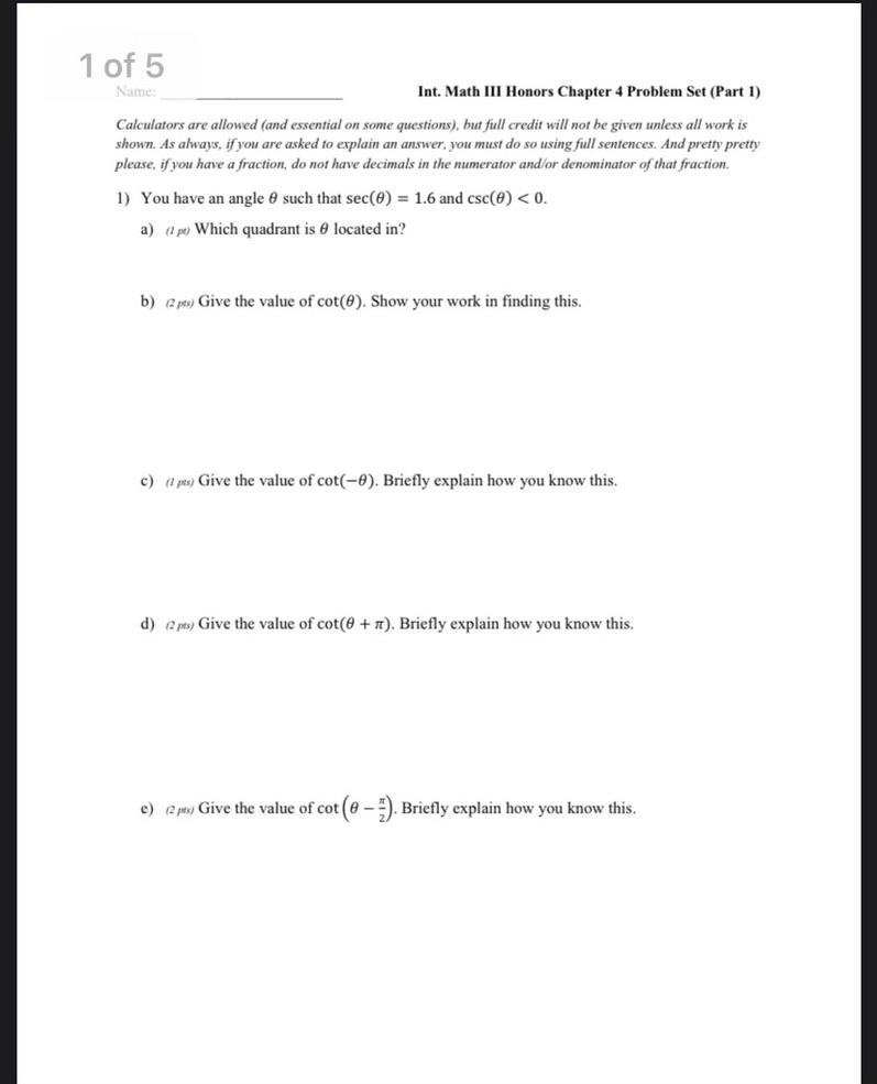 Solved 1 of 5 Name Int. Math III Honors Chapter 4 Problem | Chegg.com