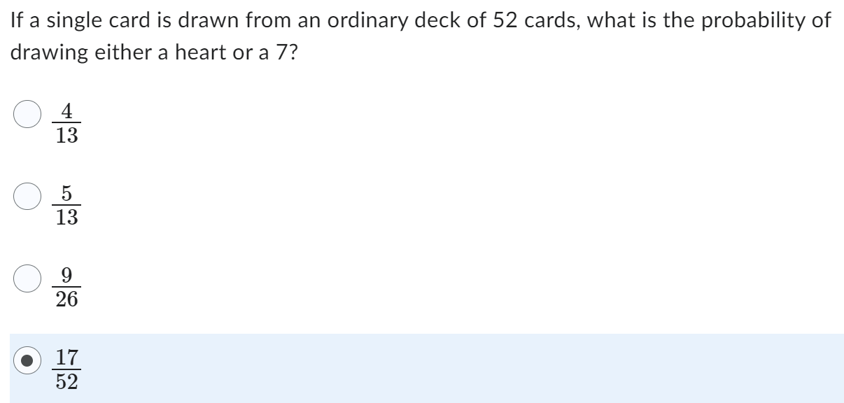 Solved If a single card is drawn from an ordinary deck of 52 | Chegg.com