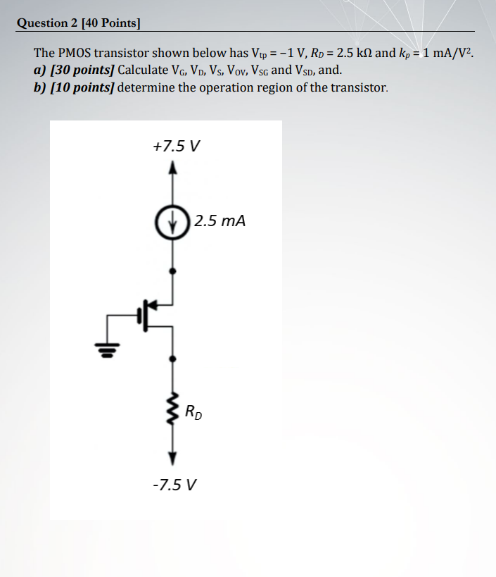 Solved Question 2 [40 Points] - The PMOS transistor shown | Chegg.com