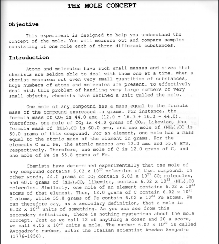 Solved THE MOLE CONCEPT Objective This experiment is | Chegg.com