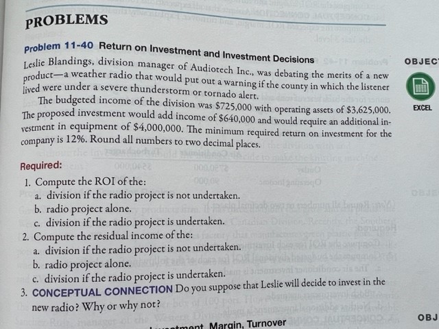 Solved problem 11-40 Return on Investment and Investment | Chegg.com
